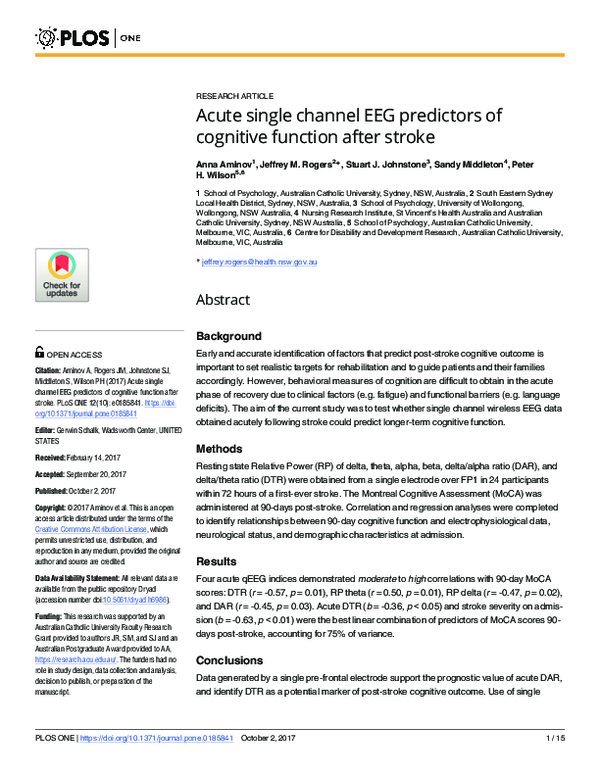 (PDF) Acute single channel EEG predictors of cognitive function after stroke