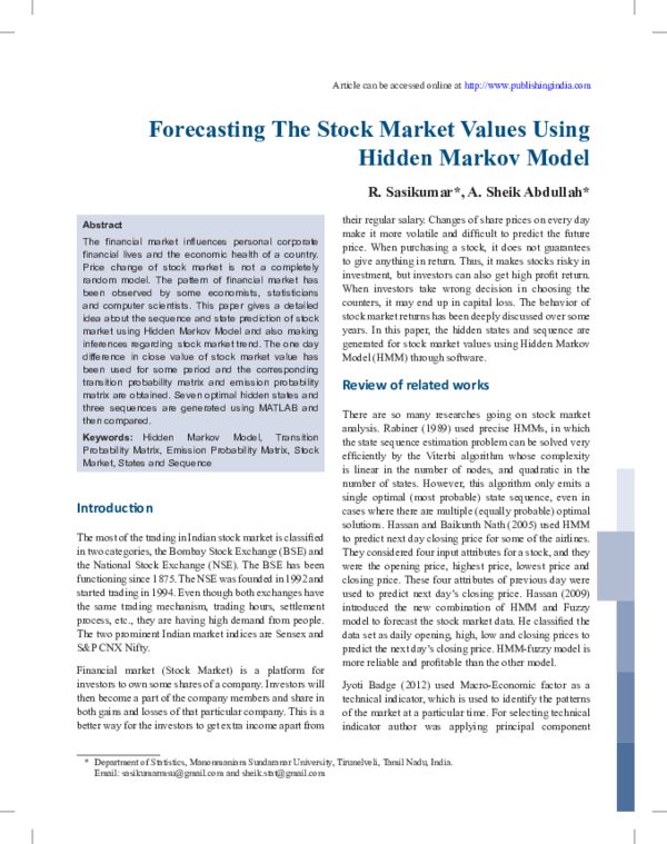 Pdf Forecasting The Stock Market Values Using Hidden Markov Model