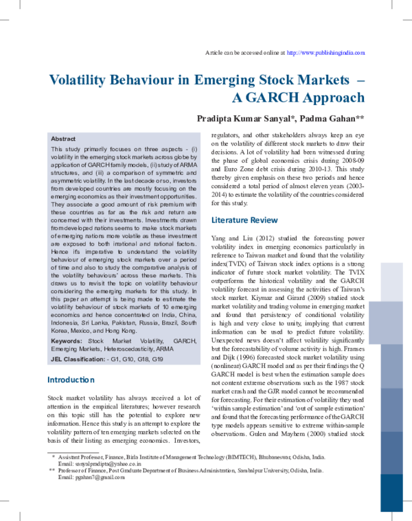 (PDF) Volatility Behaviour in Emerging Stock Markets – A GARCH Approach