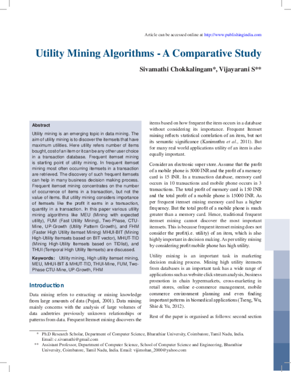 (PDF) Utility Mining Algorithms - A Comparative Study.pdf