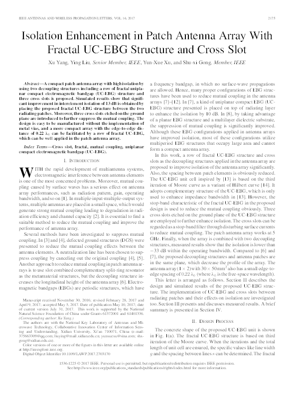 (PDF) Isolation Enhancement in Patch Antenna Array with Fractal UC-EBG Structure and Cross Slot