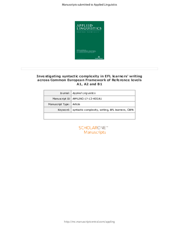 Pdf Investigating Syntactic Complexity In Efl Learners Writing Across Common European