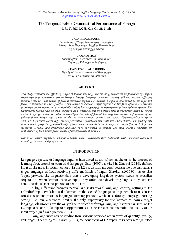 (PDF) The Temporal role in Grammatical Performance of Foreign Language Learners of English