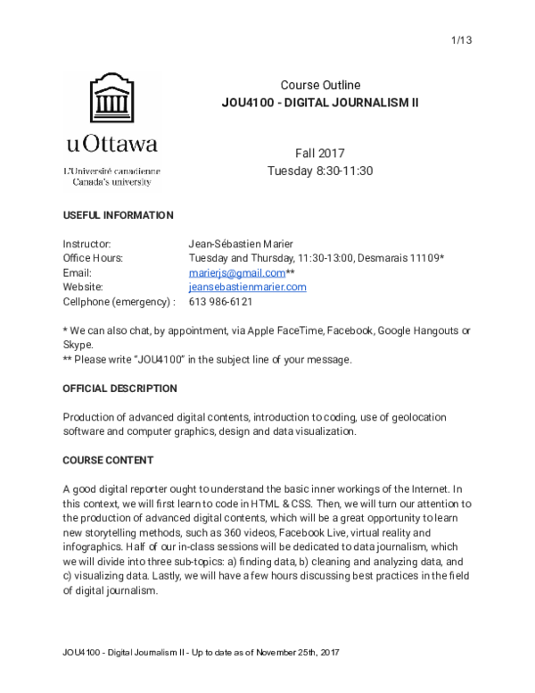 (PDF) Course Outline - JOU4100 - Digital Journalism II (Fall 2017)