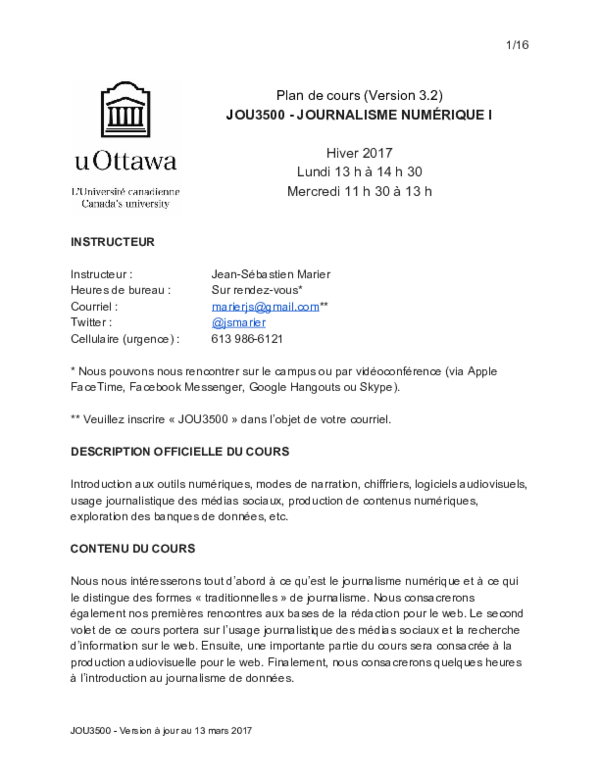 (PDF) Plan de cours - JOU3500 - Journalisme numérique I (Hiver 2017)
