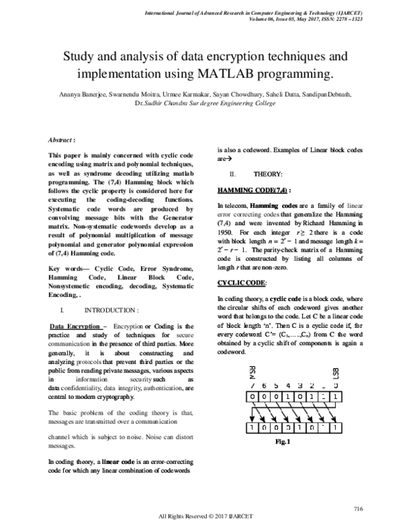 (PDF) Study and analysis of data encryption techniques and implementation using MATLAB programming.