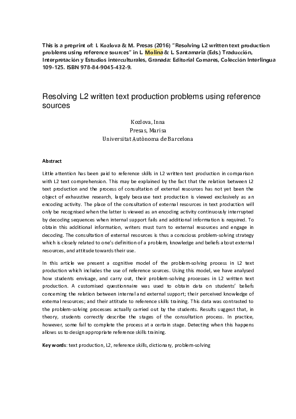 (PDF) Resolving L2 written text production problems using reference sources