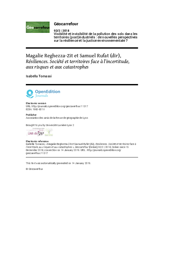 (PDF) Magalie Reghezza-Zit et Samuel Rufat (dir), Résiliences. Société ...
