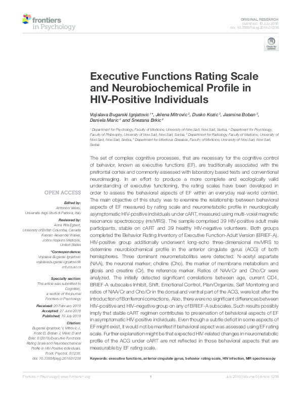 (PDF) Executive Functions Rating Scale and Neurobiochemical Profile in ...