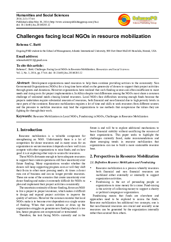 (PDF) Challenges facing local NGOs in resource mobilization -Published ...