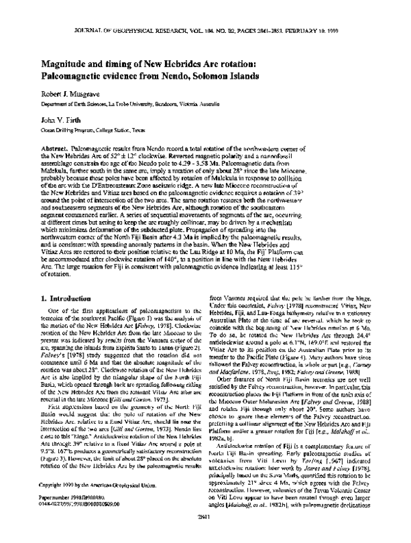 (PDF) Magnitude and timing of New Hebrides Arc rotation: Paleomagnetic ...