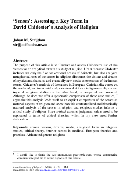 (PDF) ‘Senses’: Assessing a Key Term in David Chidester’s Analysis of ...