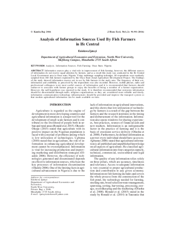 (PDF) Analysis of Information Sources Used By Fish Farmers in Ife Central
