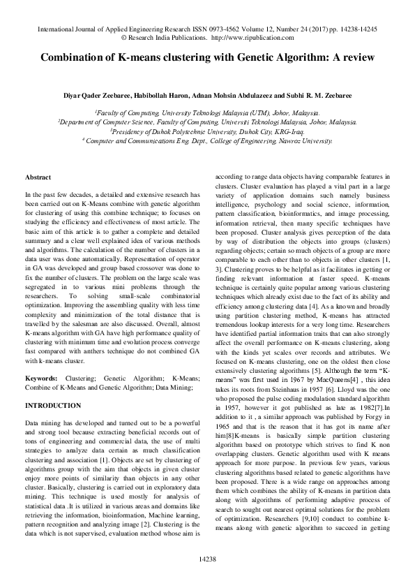 Pdf Combination Of K Means Clustering With Genetic Algorithm A Review