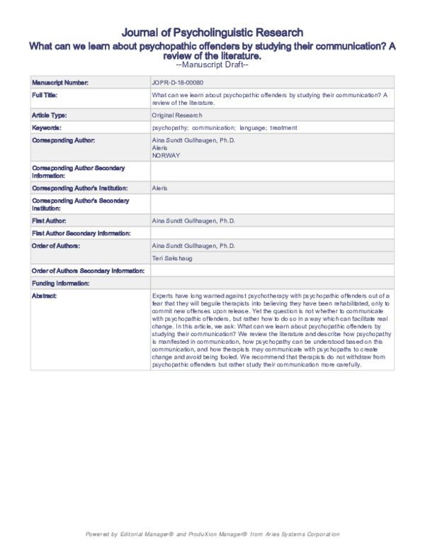(PDF) What CanWe Learn About Psychopathic Offenders by Studying their ...