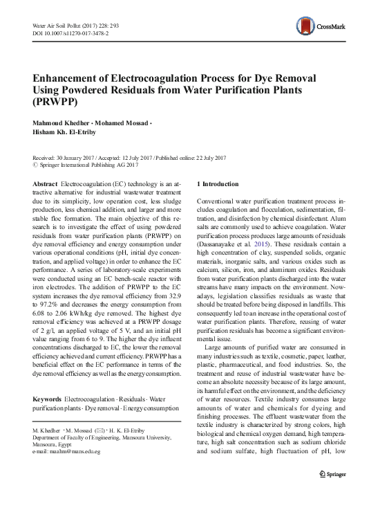 (PDF) Enhancement of Electrocoagulation Process for Dye Removal Using Powdered Residuals from ...