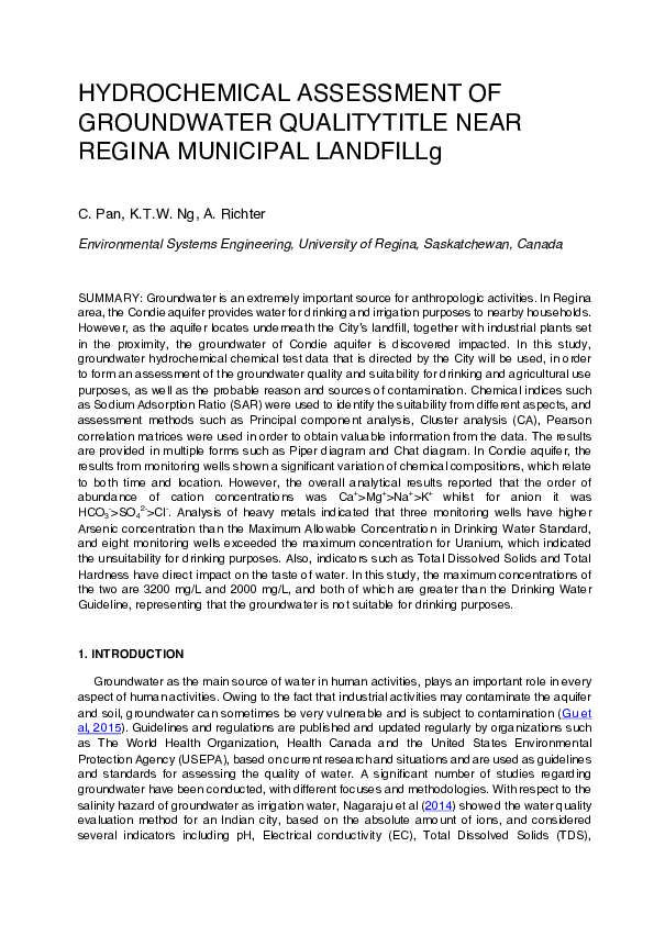 (PDF) HYDROCHEMICAL ASSESSMENT OF GROUNDWATER QUALITYTITLE NEAR REGINA MUNICIPAL LANDFILL ...