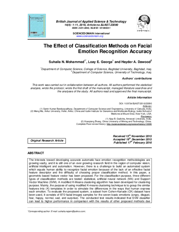 Pdf The Effect Of Classification Methods On Facial Emotion Recognition Accuracypdf