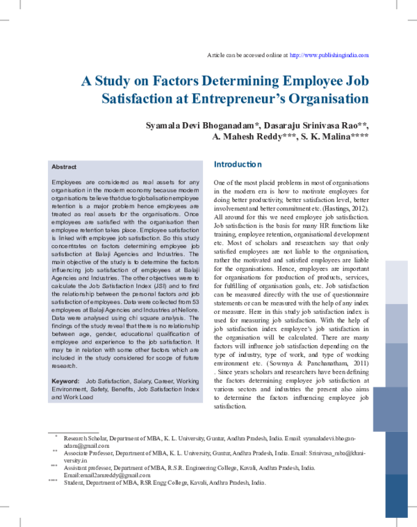 (PDF) A Study on Factors Determining Employee Job Satisfaction at ...