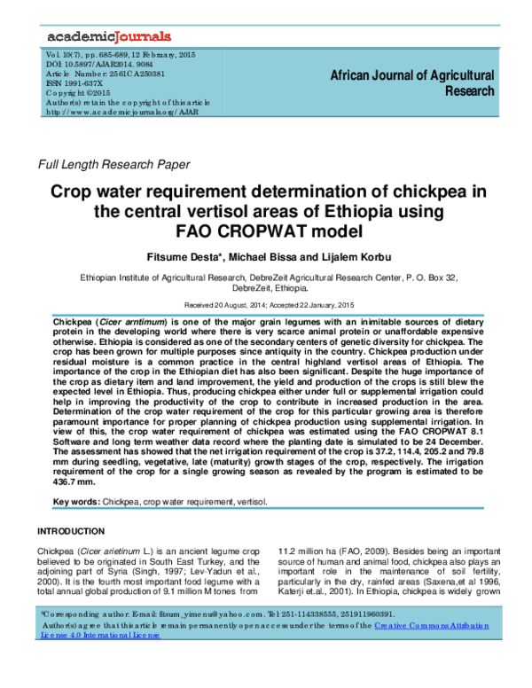 (PDF) Crop Water Requirement Determination of Chickpea in the Central ...