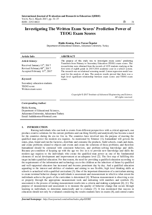 (PDF) Investigating The Written Exam Scores’ Prediction Power of TEOG ...