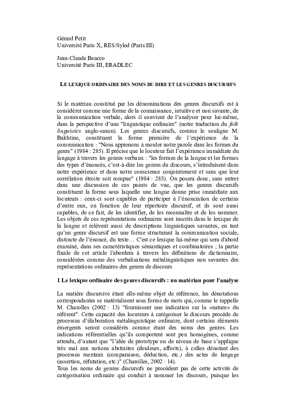 (DOC) Le lexique ordinaire des noms du dire et les genres discursifs