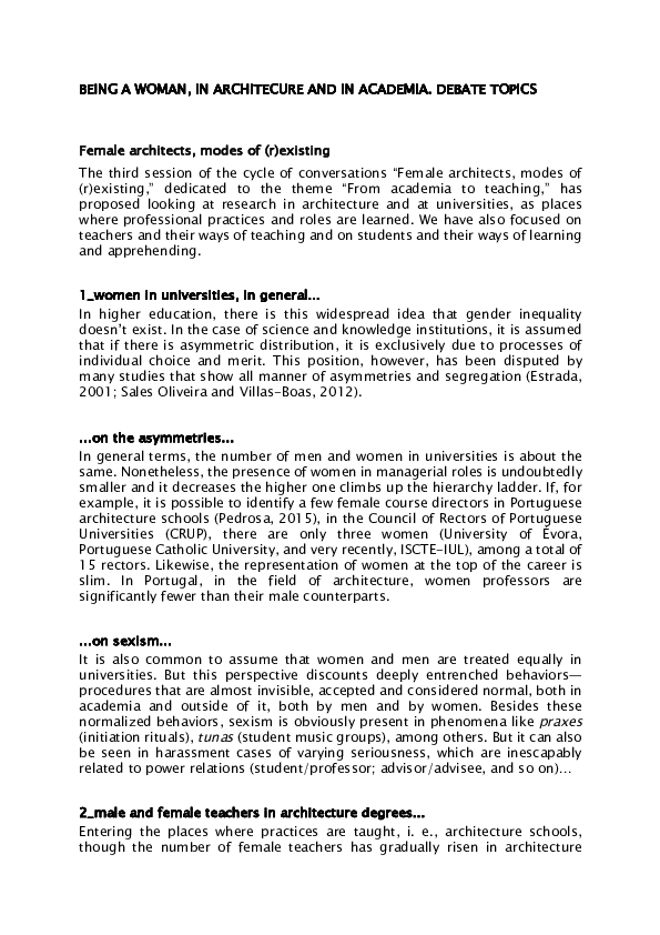 (PDF) Being a woman, in architecture and in academia. Debate topics