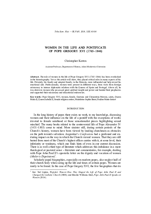 (PDF) ‘Women in the life and pontificate of Pope Gregory XVI (1765-1846 ...