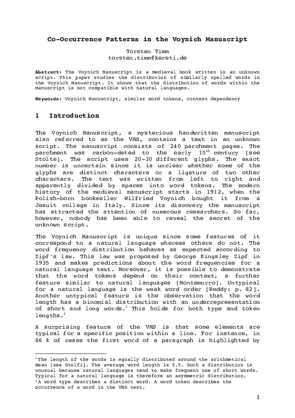 (PDF) Co-Occurrence Patterns in the Voynich Manuscript