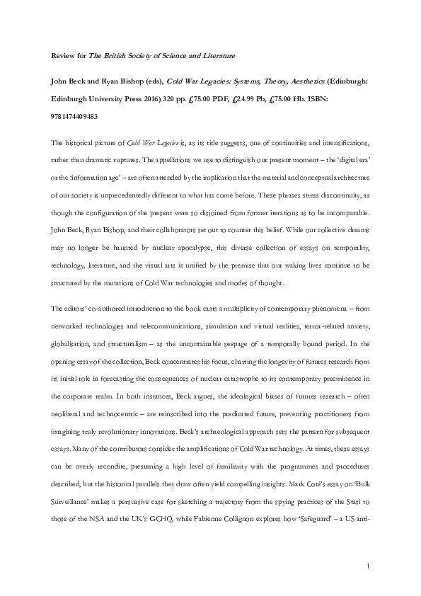 (PDF) Cold War Legacies: Systems, Theory, Aesthetics, ed. John Beck and ...