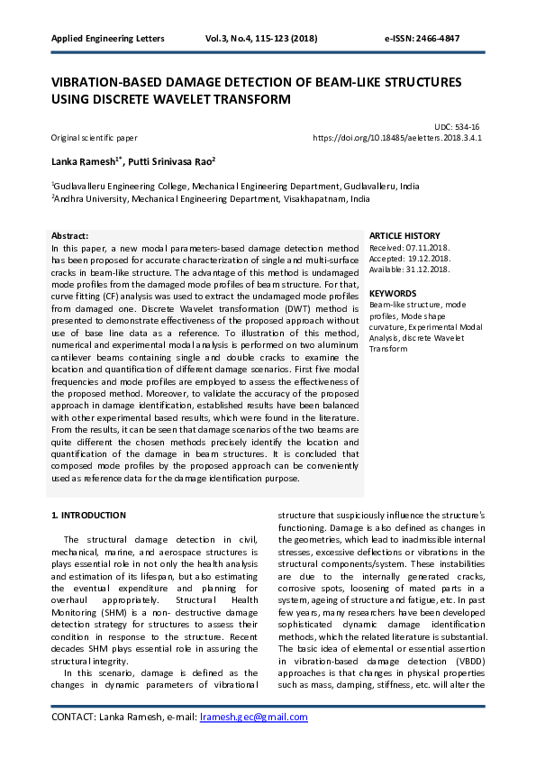 (PDF) VIBRATION-BASED DAMAGE DETECTION OF BEAM-LIKE STRUCTURES USING DISCRETE WAVELET TRANSFORM