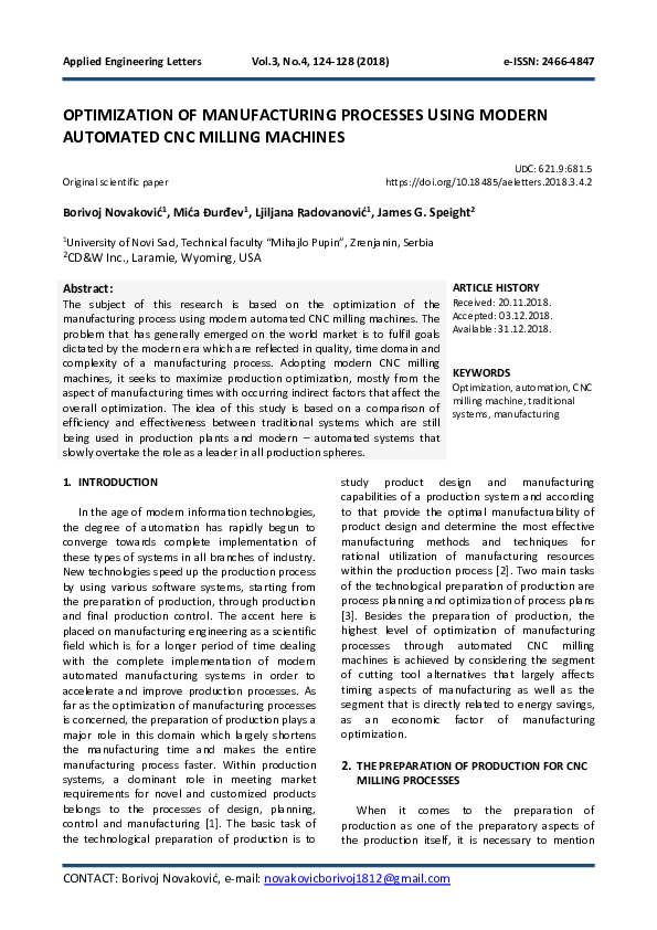 Pdf Optimization Of Manufacturing Processes Using Modern Automated Cnc Milling Machines