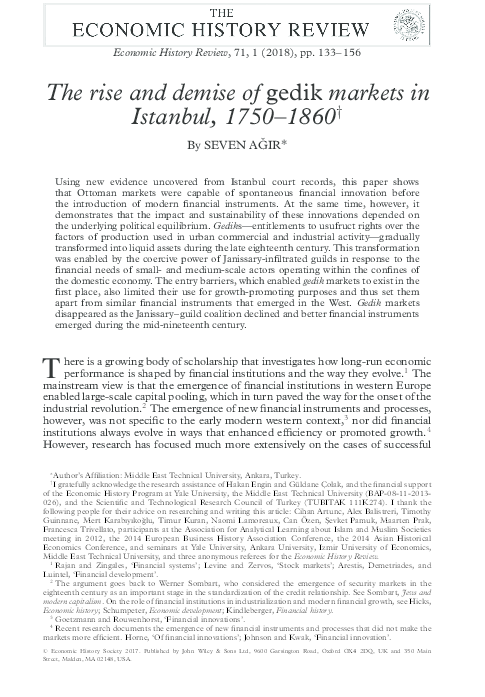 (PDF) The Rise and Demise of Gedik Markets in Istanbul: 1750-1860