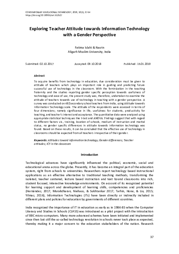 (PDF) Exploring Teacher Attitude towards Information Technology with a Gender Perspective