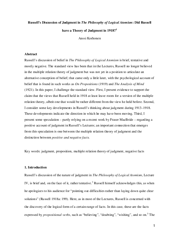 (PDF) Russell’s Discussion of Judgment in "The Philosophy of Logical ...