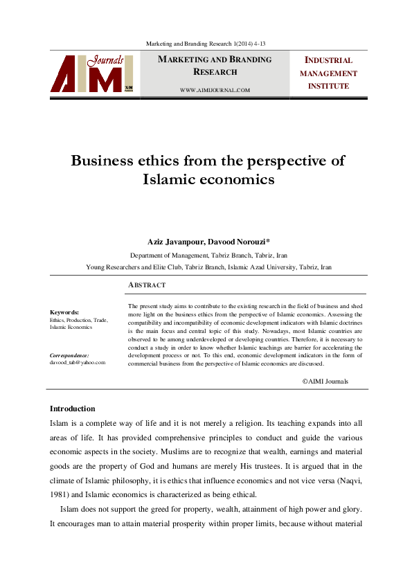 (PDF) Business ethics from the perspective of Islamic economics