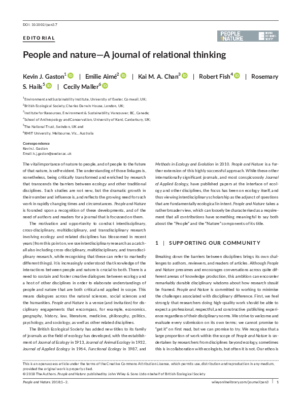 (PDF) People and Nature—A journal of relational thinking