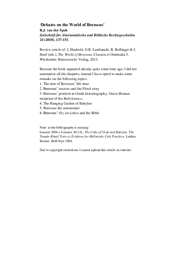 (PDF) Debates on the World of Berossus