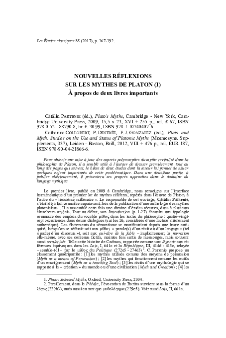(PDF) Mihai Nasta, ‘Nouvelles réflexions sur les mythes de Platon’, Les ...
