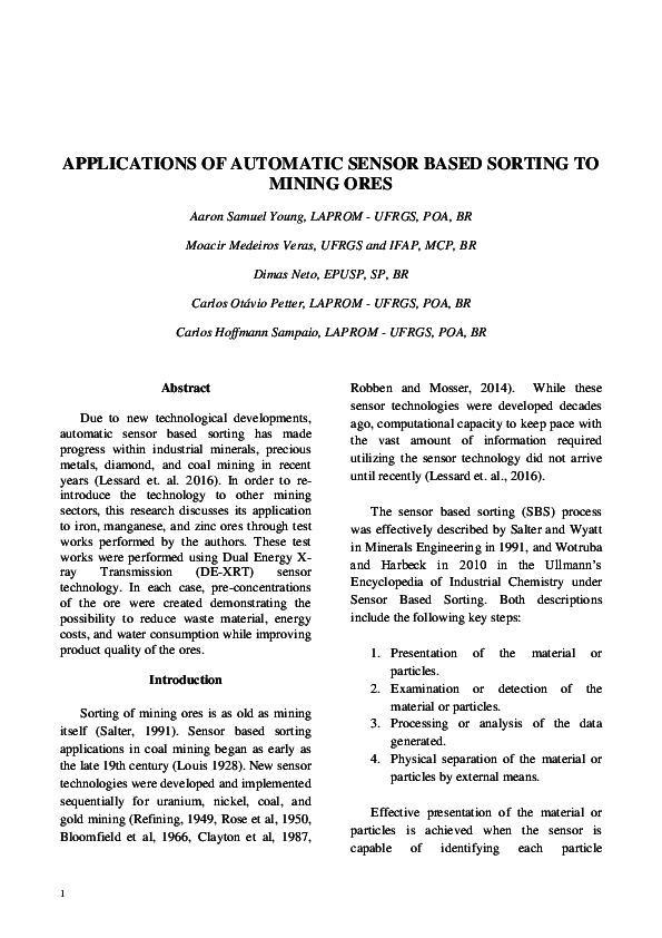 (PDF) APPLICATIONS OF AUTOMATIC SENSOR BASED SORTING TO MINING ORES