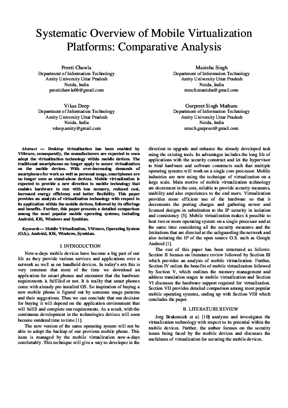 (PDF) Systematic Overview of Mobile Virtualization Platforms - Comparative Analysis