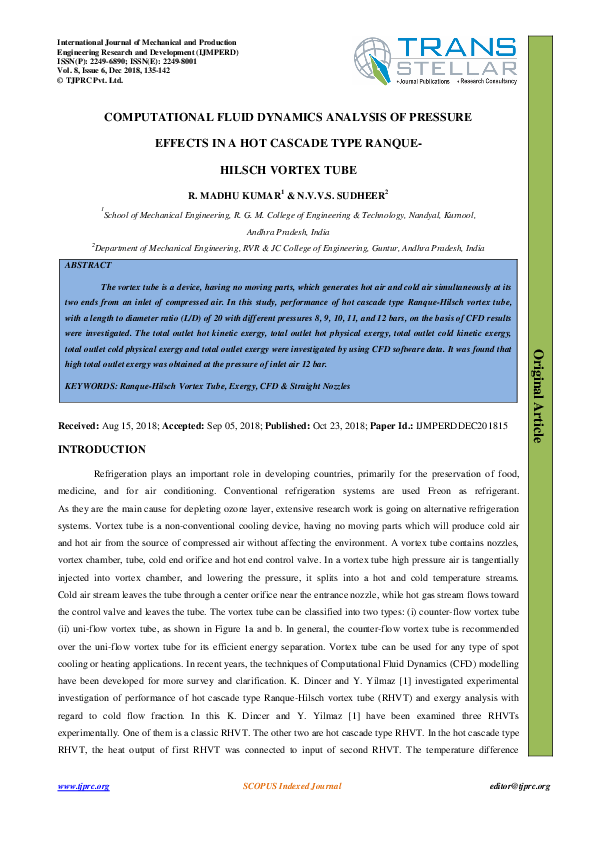 (PDF) A Review on vortex tube refrigeration system | Sarang Hole - Academia.edu