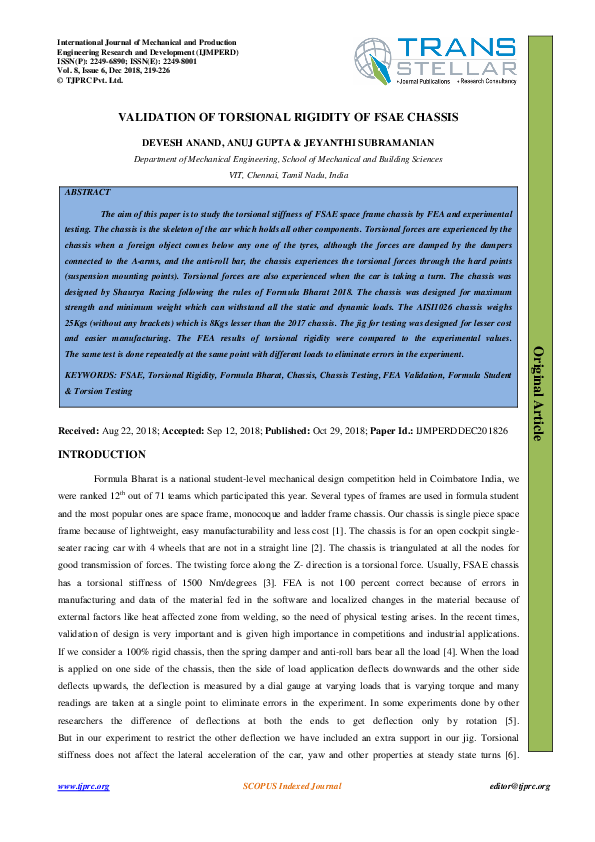 (PDF) VALIDATION OF TORSIONAL RIGIDITY OF FSAE CHASSIS