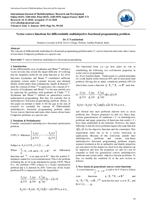 Pdf V Convex Functions In Multiobjective Programming