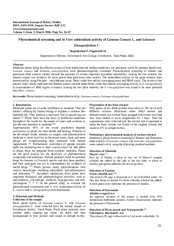 (PDF) Phytochemical screening and In Vitro antioxidant activity of Lantana Camara L. and Solanum ...