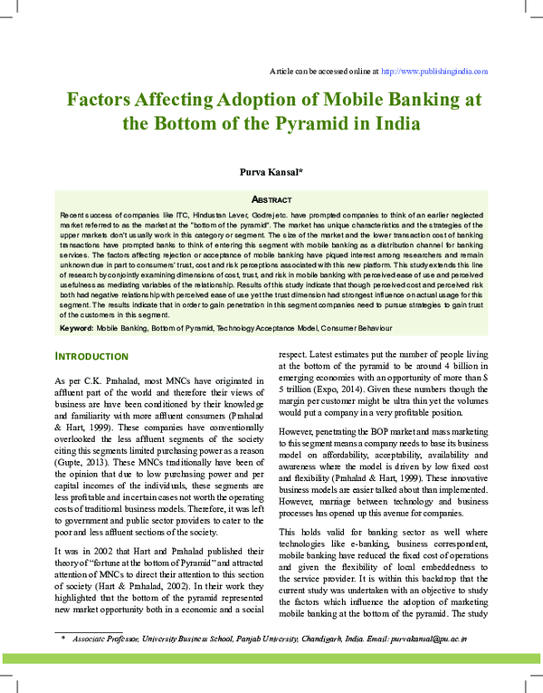 (PDF) Factors Affecting Adoption of Mobile Banking at the Bottom of the Pyramid in India