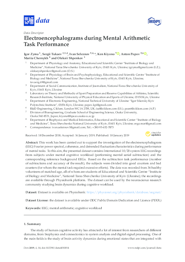 (PDF) Electroencephalograms during Mental Arithmetic Task Performance