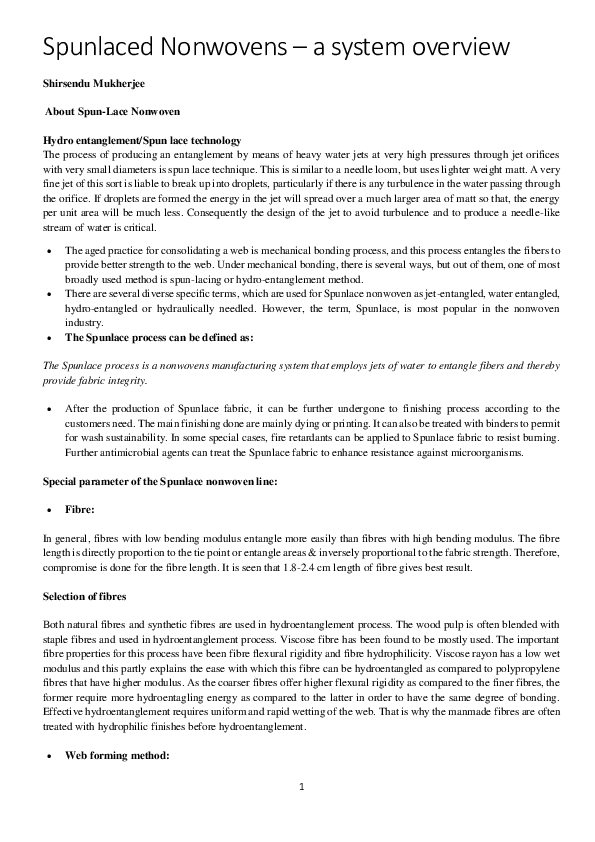 (PDF) SPUNLACE (Hydroentangled) Nonwoven Manufacture - an overview.pdf