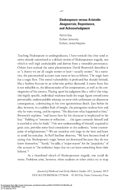 (PDF) "Shakespeare versus Aristotle: Anagnorisis, Repentance, and ...