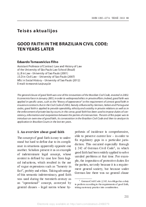 (PDF) Good Faith in the Brazilian Civil Code: Ten Years Later
